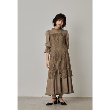 チュールレイヤードウエスト切り替えレースワンピース[品番