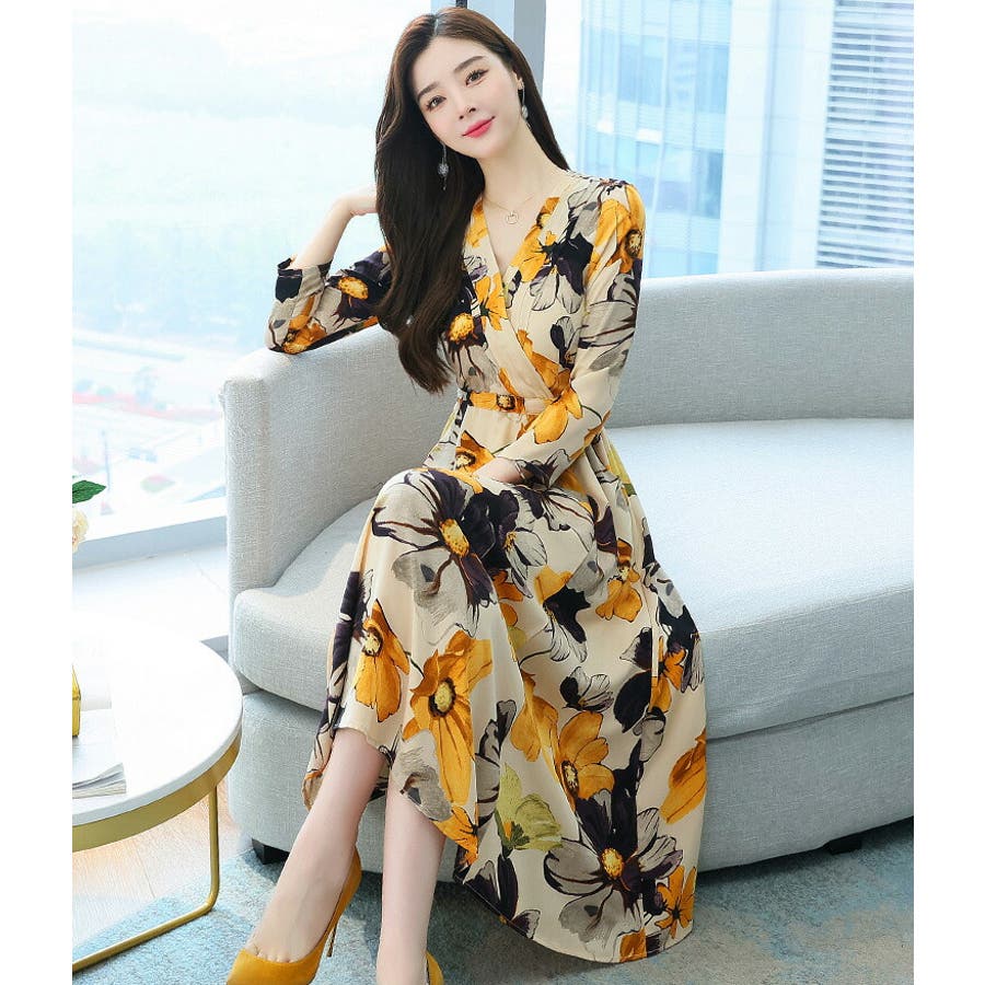 花柄ワンピース カシュクール風Vネック Aライン[品番 花柄ワンピース カシュクール風Vネック Aライン[品番