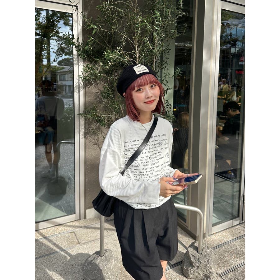英字プリント リブニット ロング Tシャツ[品番:LFTW0001458 英字プリント リブニット ロング Tシャツ[品番:LFTW0001458