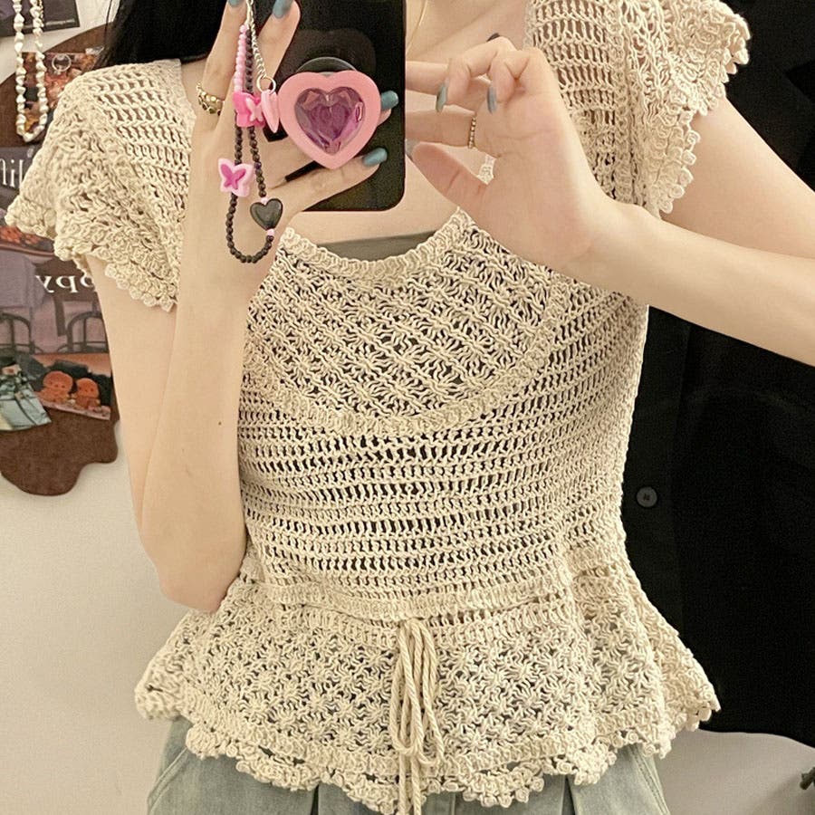 透かし編みメッシュニット フレンチ袖 ノースリーブトップス 透かし編みメッシュニット フレンチ袖 ノースリーブトップス