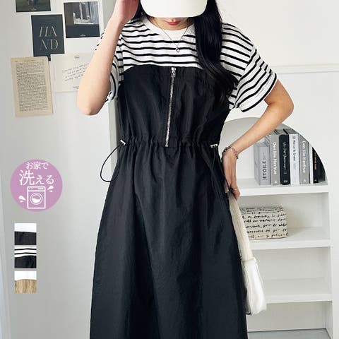 前後2WAYハーフジップフレンチ袖ワンピ[品番:GERW0010655 前後2WAYハーフジップフレンチ袖ワンピ[品番:GERW0010655