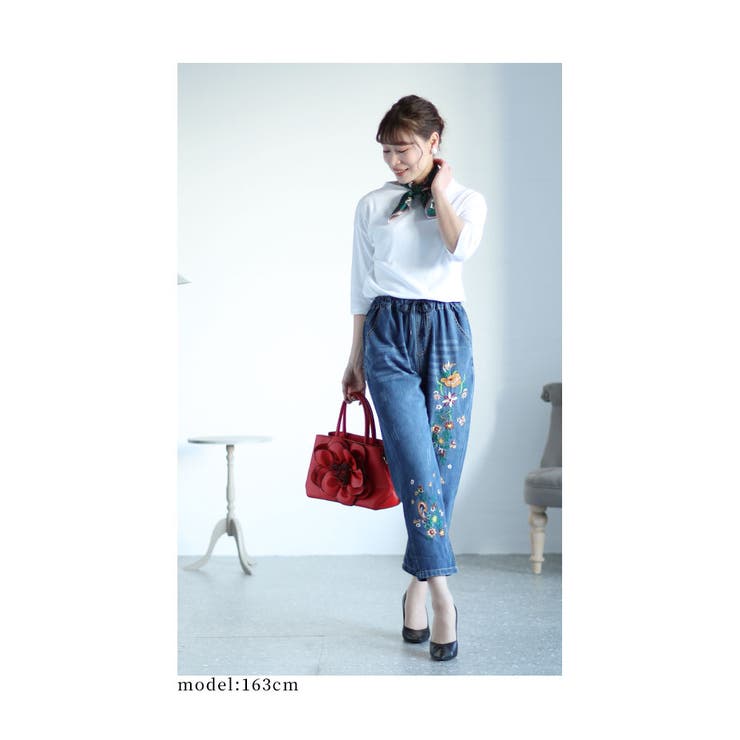 花咲く刺繍のゆるっと可愛いイージーデニムパンツ レディース 花咲く刺繍のゆるっと可愛いイージーデニムパンツ レディース