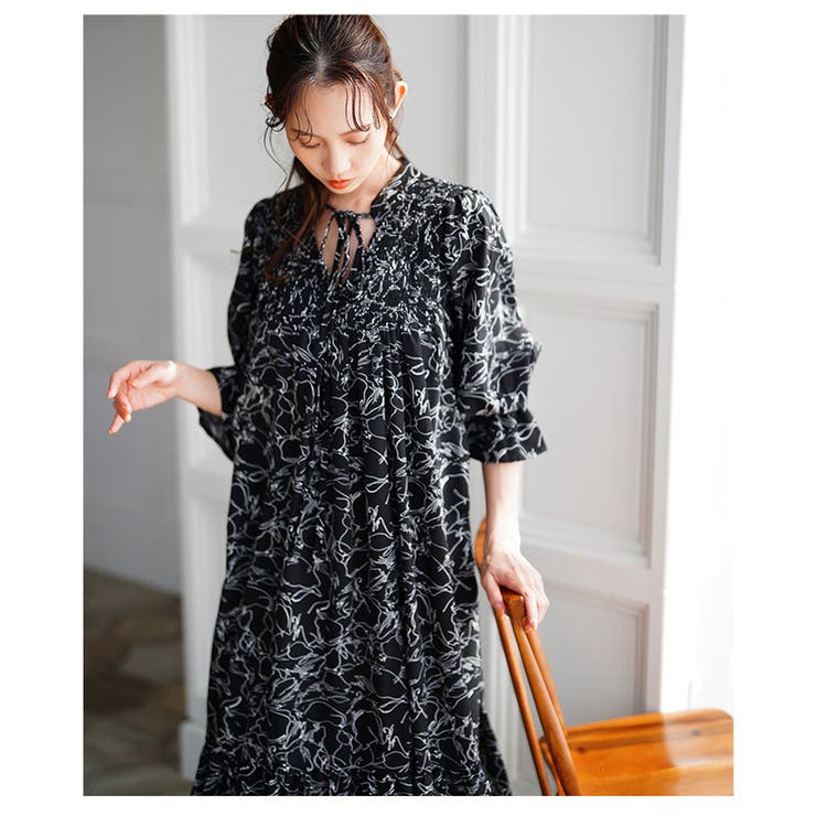 前後2wayで着まわせる線画タッチ花柄ワンピース レディース 前後2wayで着まわせる線画タッチ花柄ワンピース レディース