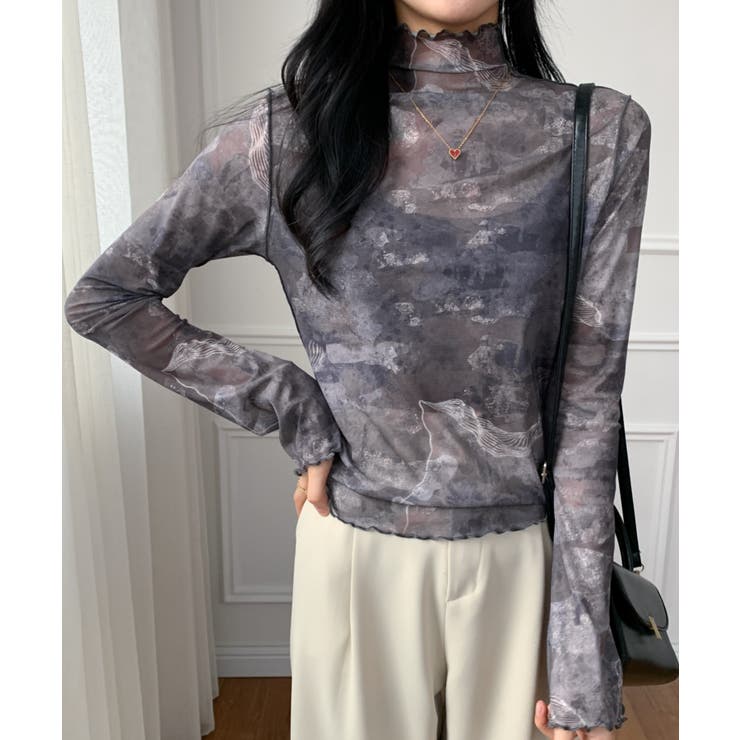 シースルーハイネックマーブル柄シアーインナーカットソー[品番 シースルーハイネックマーブル柄シアーインナーカットソー[品番