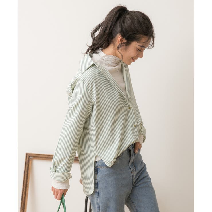 パステルカラー サイドスリット ストライプ柄シャツ[品番 パステルカラー サイドスリット ストライプ柄シャツ[品番