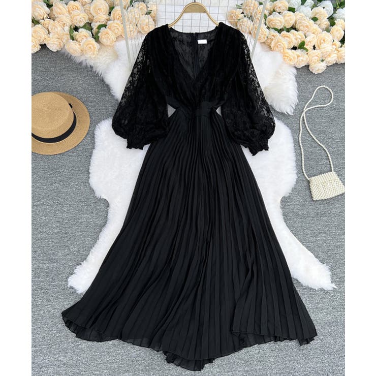 Jasmine GrandiflorumVネックレースプリーツフレアワンピース Jasmine GrandiflorumVネックレースプリーツフレアワンピース