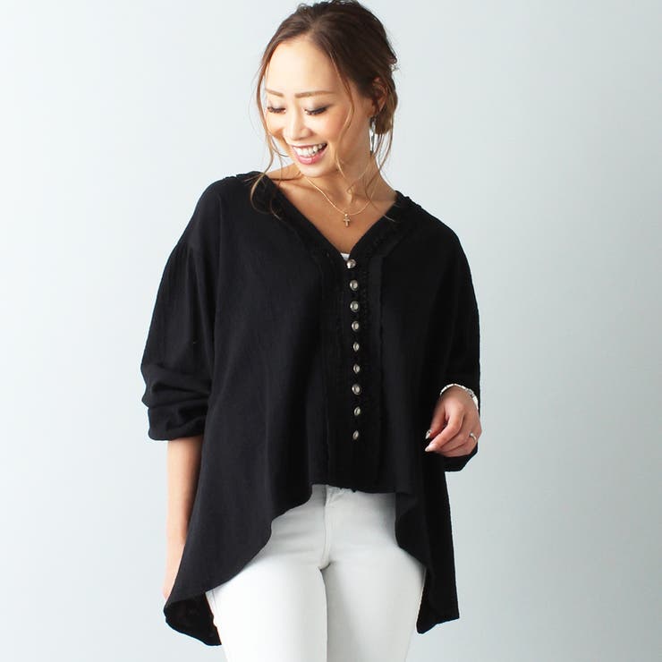 ゆったりVネックレースシャツブラウス コットン100 シャツ[品番：AMTW0000506]｜JUNOAH（ジュノア ）のレディースファッション通販｜SHOPLIST（ショップリスト）