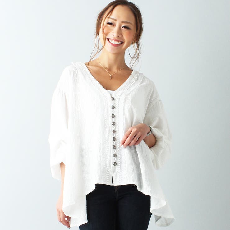 ゆったりVネックレースシャツブラウス コットン100 シャツ[品番：AMTW0000506]｜JUNOAH（ジュノア ）のレディースファッション通販｜SHOPLIST（ショップリスト）
