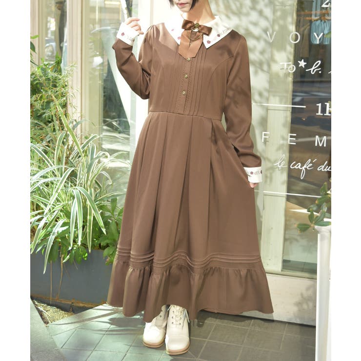 【茶】リボンセット刺繍ロングワンピース[品番：IGAW0007418]｜axes femme（アクシーズファム）のレディースファッション通販 ...