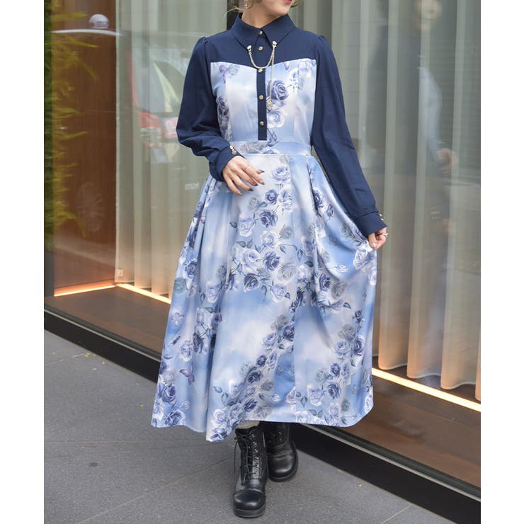 チェーン付アートローズ柄ワンピース[品番：IGAW0007438]｜axes femme（アクシーズファム）のレディースファッション通販 ...