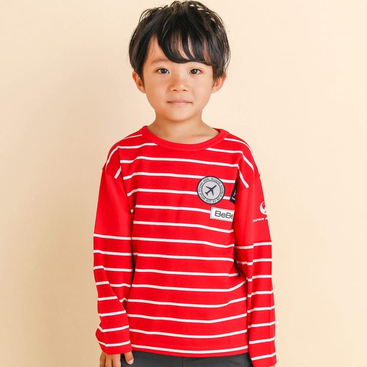 【JALコラボ】ステッカー風ワッペンボーダー長袖Tシャツ(90~130cm)[品番：BEBK0009543]｜BeBe（ベベ）のキッズファッション通販｜SHOPLIST（ショップリスト）