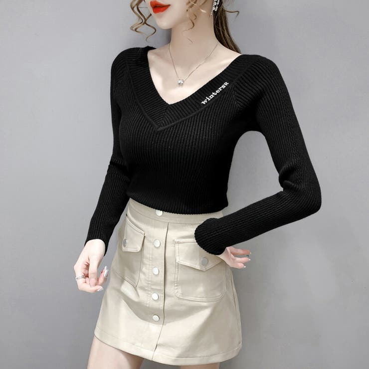 Vネックニットトップス 長袖ニット 前後Vネックリブニット[品番：COCW0004877]｜COCOMOMO（ココモモ）のレディースファッション通販｜SHOPLIST（ショップリスト）