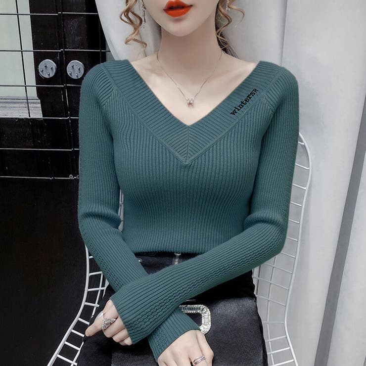 Vネックニットトップス 長袖ニット 前後Vネックリブニット[品番：COCW0004877]｜COCOMOMO（ココモモ）のレディースファッション通販｜SHOPLIST（ショップリスト）