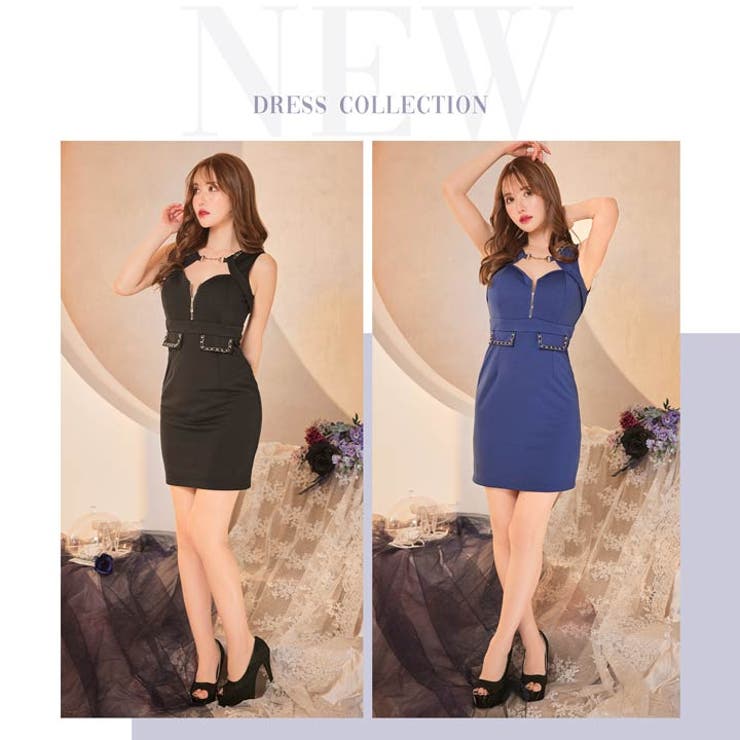 キャバ ドレス チェーンバックルフロントジップタイトミニドレス キャバ ドレス チェーンバックルフロントジップタイトミニドレス