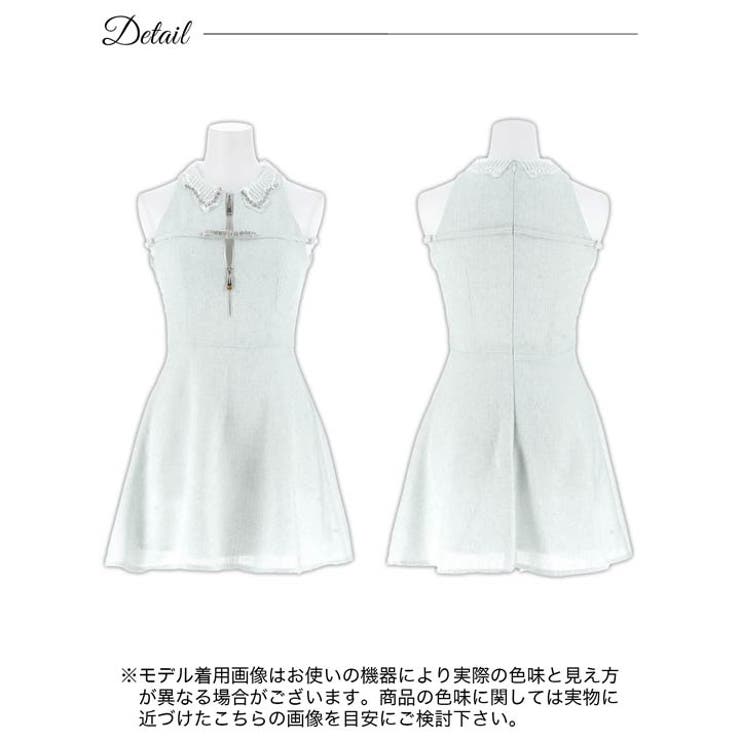 フロントジップレース襟ビジューアメスリAラインミニドレス[品番