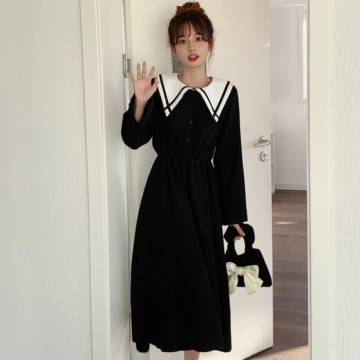 ラインデザイン襟付長袖ワンピース 秋冬新作 韓国ファッション[品番