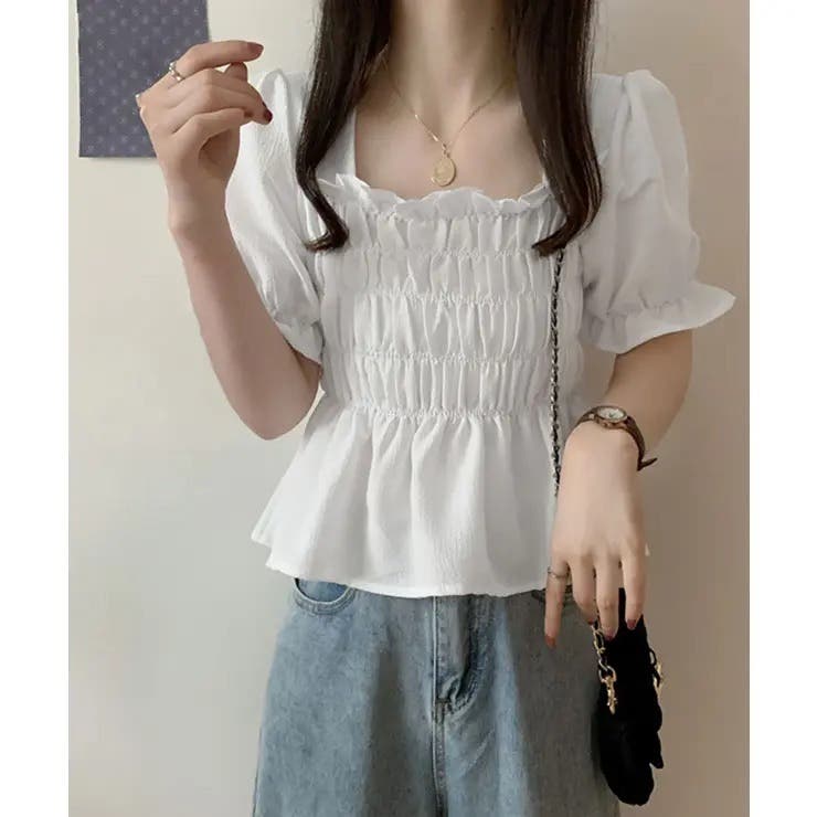 スクエアネック ブラウス シャーリング 韓国ファッション[品番：FNBW0000918]｜FashionBerry（ファッションベリー）の ...