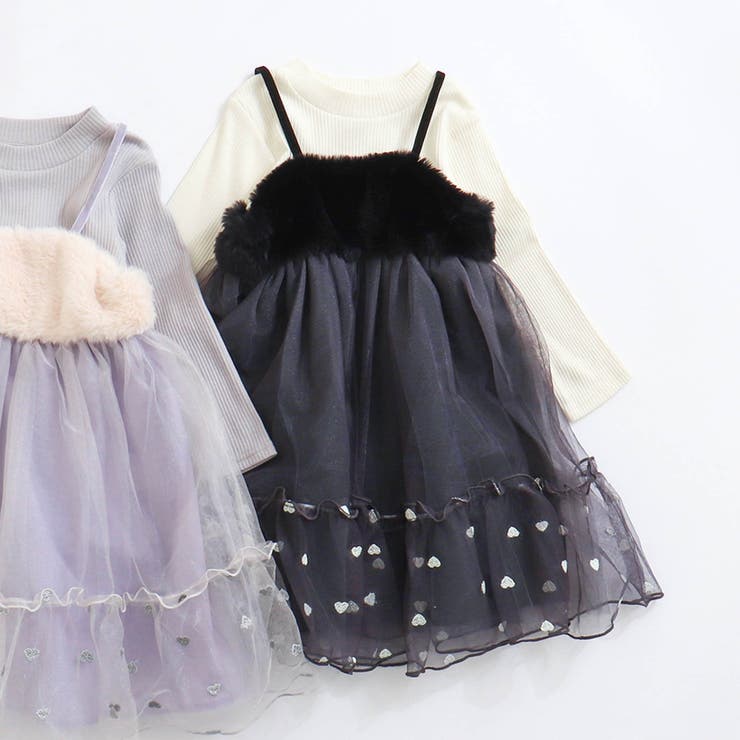 2Pセット ハート刺繍チュールワンピース[品番:FOKK0017954 2Pセット ハート刺繍チュールワンピース[品番:FOKK0017954