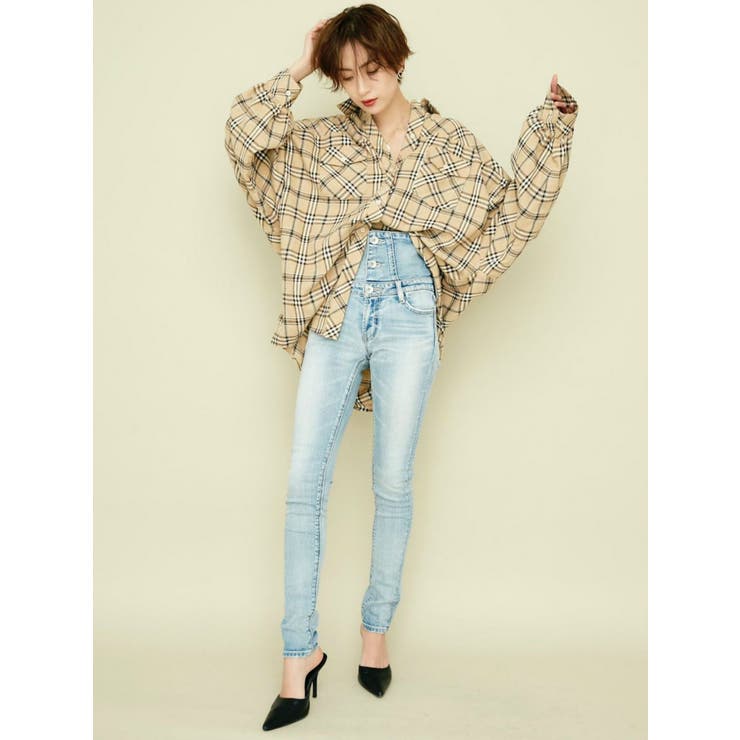ハイウエストボタンスキニーデニムパンツ[品番:MKSW0025494 ハイウエストボタンスキニーデニムパンツ[品番:MKSW0025494