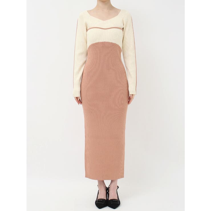 バイカラーラインリブニットワンピース[品番:MKSW0061382 バイカラーラインリブニットワンピース[品番:MKSW0061382