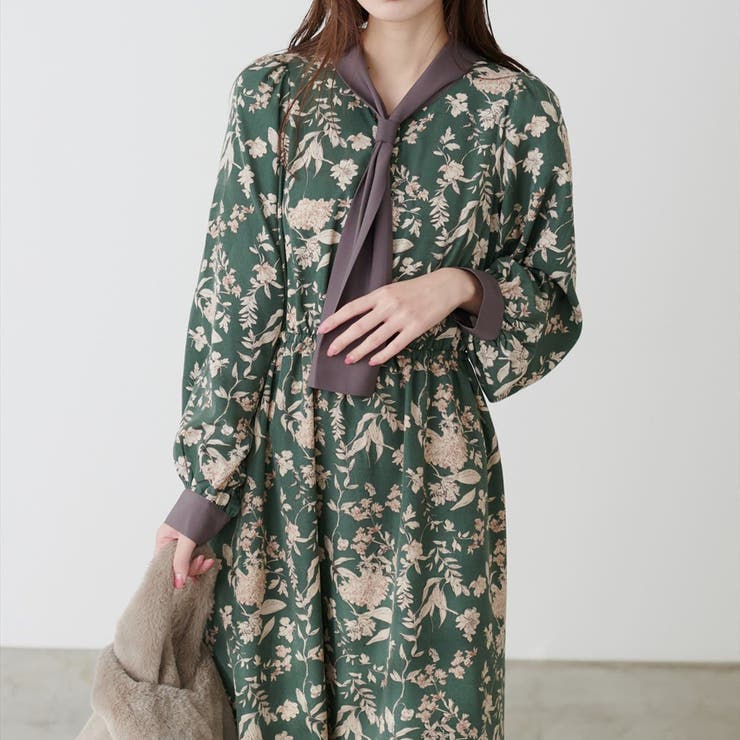 natural couture】ボウタイ配色切替ワンピース[品番 natural couture】ボウタイ配色切替ワンピース[品番
