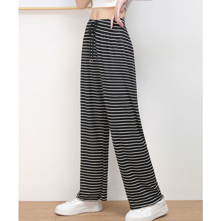 ボーダー柄ストレートパンツ ウエストゴム ロングパンツ[品番：NELW0001688]｜NinaetLina（ニナエリナ）のレディース ...