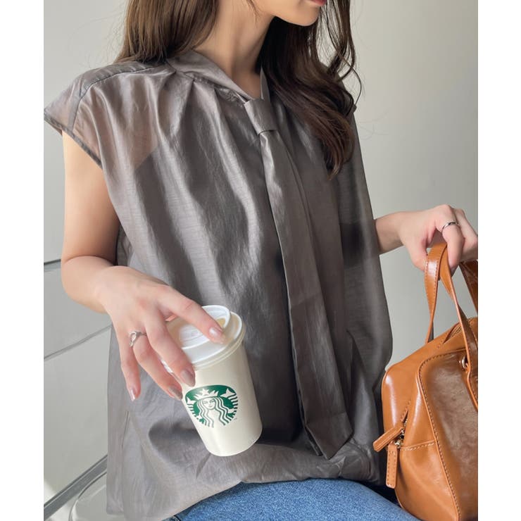 ネクタイ風 ボウタイ フレンチスリーブ ブラウス[品番 ネクタイ風 ボウタイ フレンチスリーブ ブラウス[品番