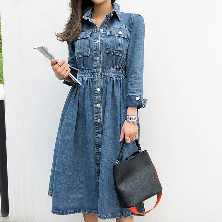 デニムフレアワンピース ワンピース 後ろゴムウエスト[品番