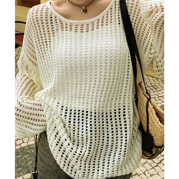 透かしメッシュ長袖ニットトップス[品番:PMZW0002166 透かしメッシュ長袖ニットトップス[品番:PMZW0002166