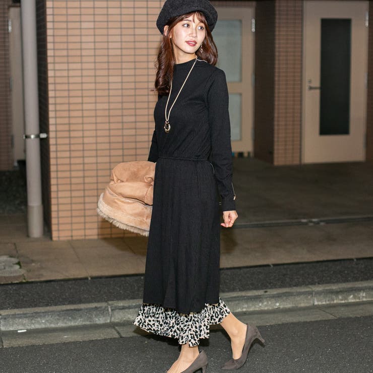 リブニット+ヒョウ柄プリーツ プチハイネックスリット使い長袖ワンピース[品番：PPNW0001146]｜Pumpkin Port（パンプキン ...