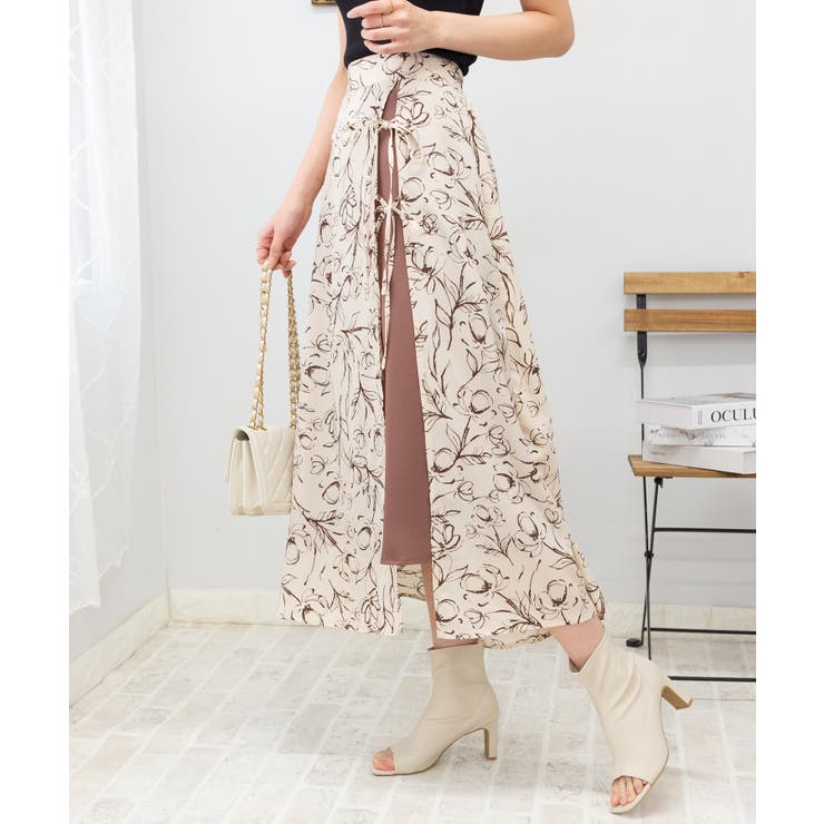 サイドスリットリボン付き 花柄 ロングスカート[品番 サイドスリットリボン付き 花柄 ロングスカート[品番