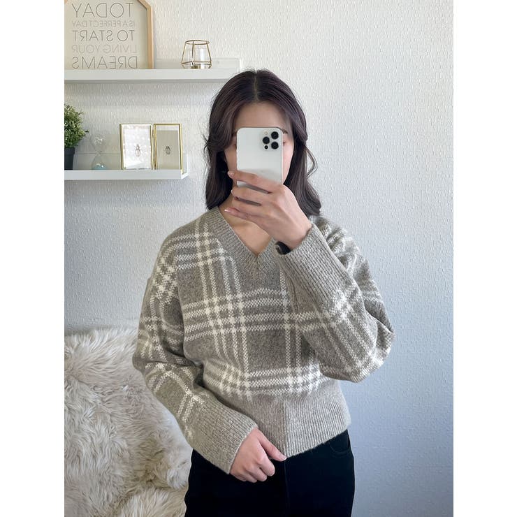 チェックパターンVネックニット長袖 レディース Y2K[品番：KH000013154]｜VIVID LADY（ビビッドレディー）のレディース ...