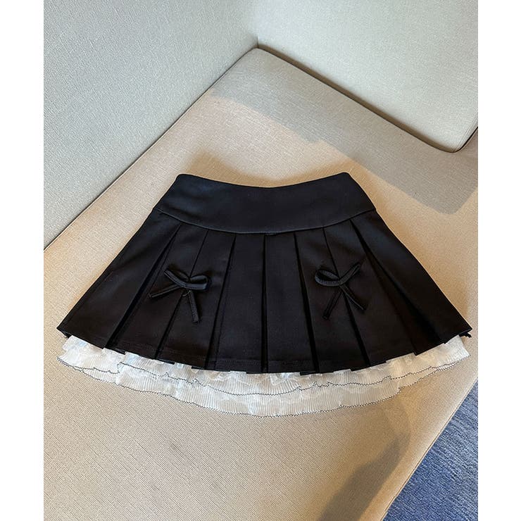 プリーツミニスカートフリルレースレイヤード リボン付き[品番 プリーツミニスカートフリルレースレイヤード リボン付き[品番