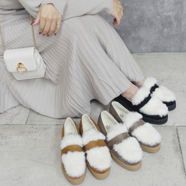 ファー付厚底モカシン シンプル カジュアル 内ボア[品番：INCS0003410