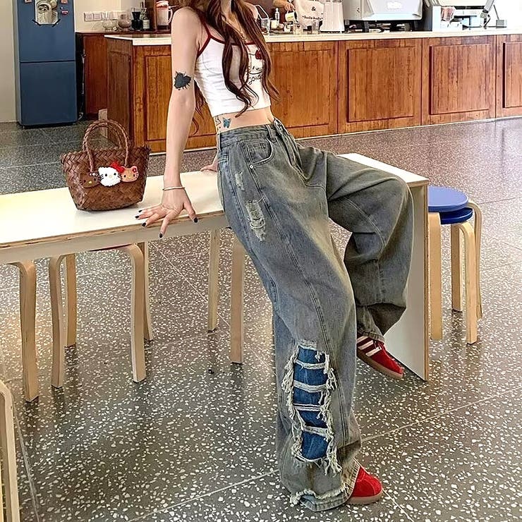 サイドハイダメージデニムワイドパンツ[品番:SHNW0012330 サイドハイダメージデニムワイドパンツ[品番:SHNW0012330