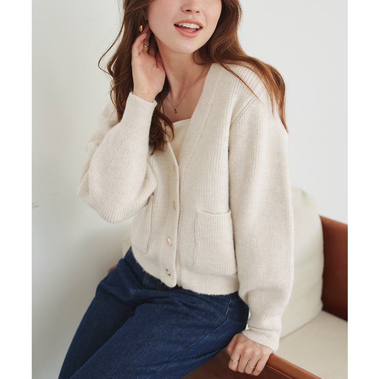 ポケット付きVネックニットカーディガン トップス レディース[品番