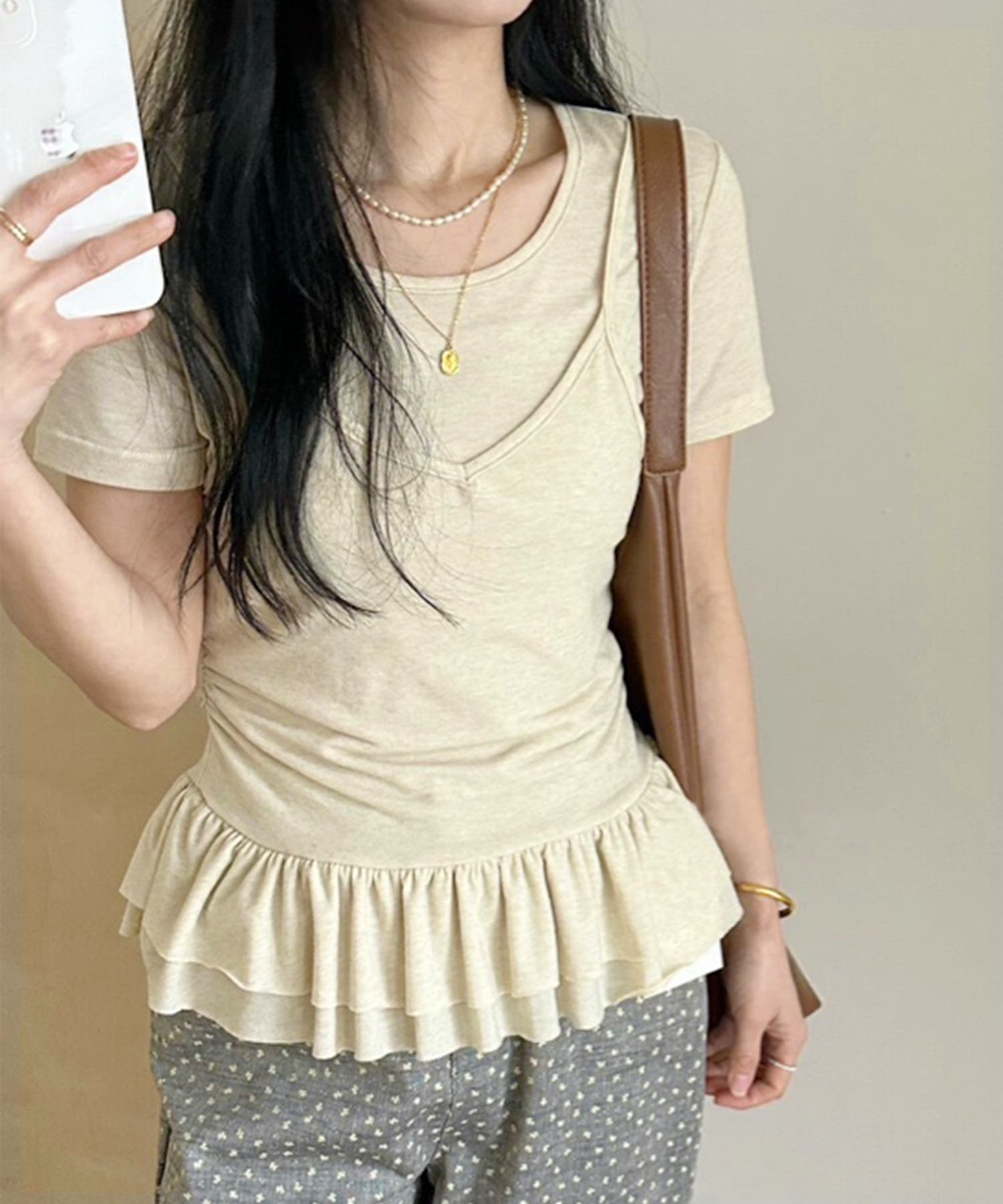 レイヤード風裾フリルTシャツ Jasmine Grandiflorum[品番：XT000013755]｜aimoha （アイモハ）のレディース ...