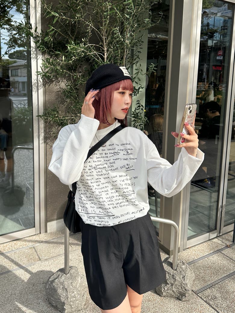 英字プリント リブニット ロング Tシャツ[品番:LFTW0001458 英字プリント リブニット ロング Tシャツ[品番:LFTW0001458