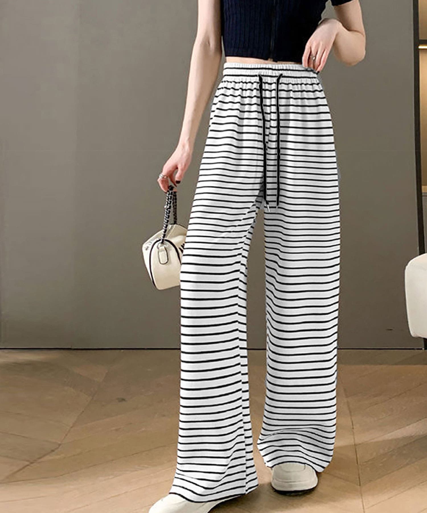 ボーダー柄ストレートパンツ ウエストゴム ロングパンツ[品番：NELW0001688]｜NinaetLina（ニナエリナ）のレディース ...